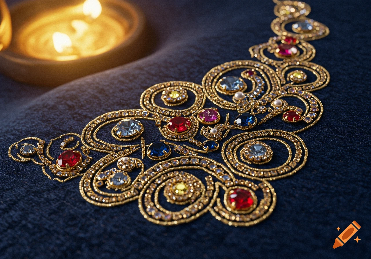 Intricate gold embroidery adorned with colorful gemstones and pearls on ...