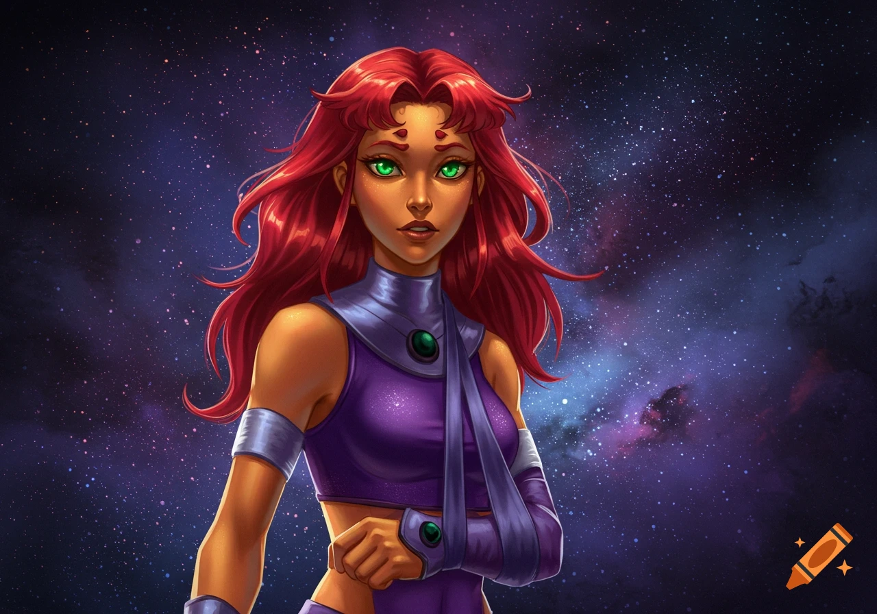 Gamora, a green-skinned woman with magenta hair, stands on a spaceship ...