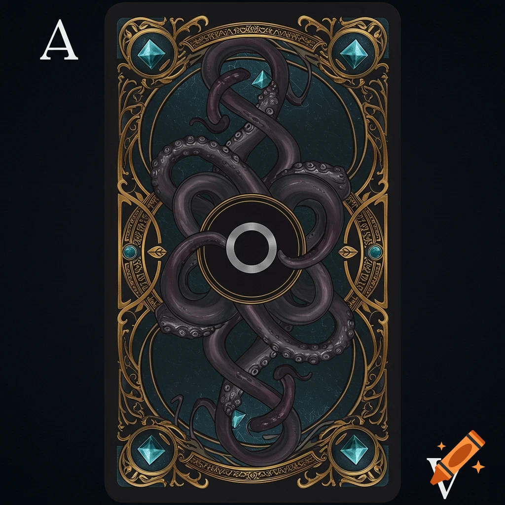 Ornate red and gold playing cards with glowing blue screen-like faces ...