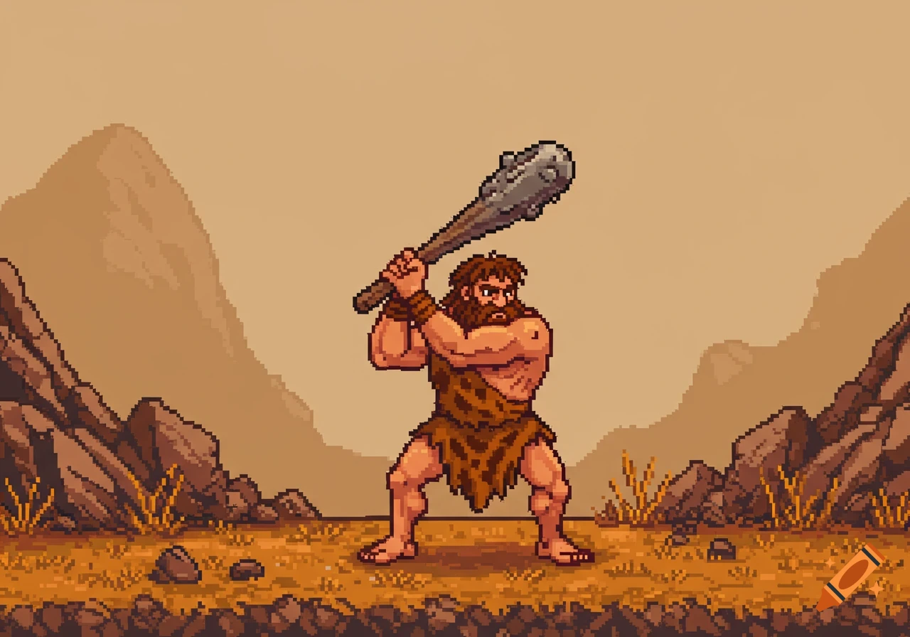 A pixel art 2D sprite of a muscular caveman with a beard, holding a ...