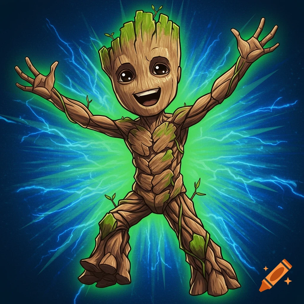 A cartoon style depiction of Baby Groot with thick outlines and a vibrant green and blue ...