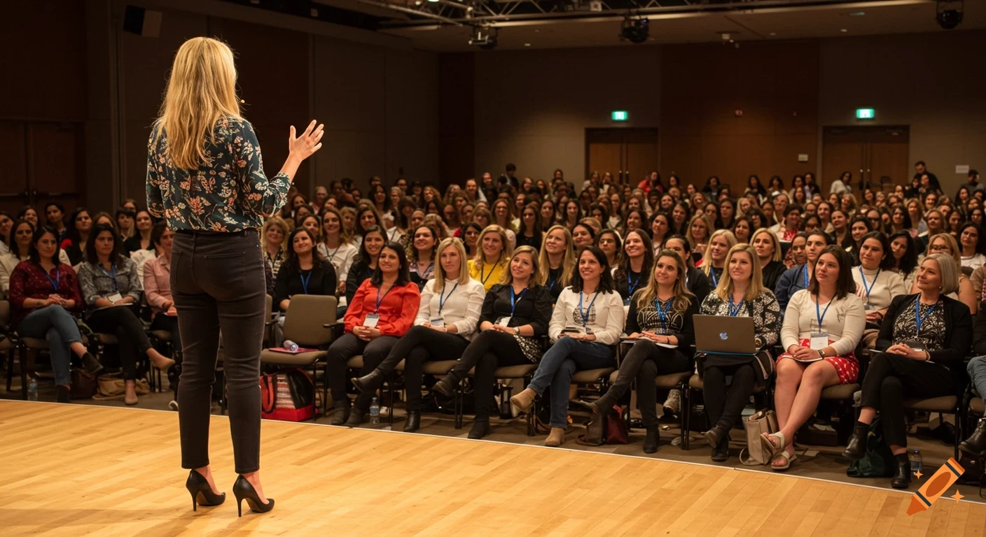 A woman stands on a stage, speaking to a large audience of women seated ...