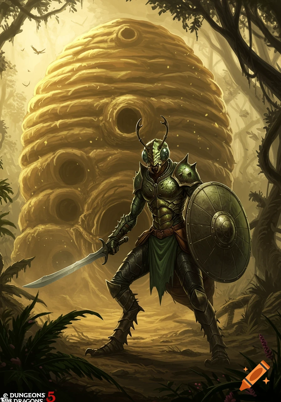 An armored insectoid warrior holding a sword and shield stands before a ...