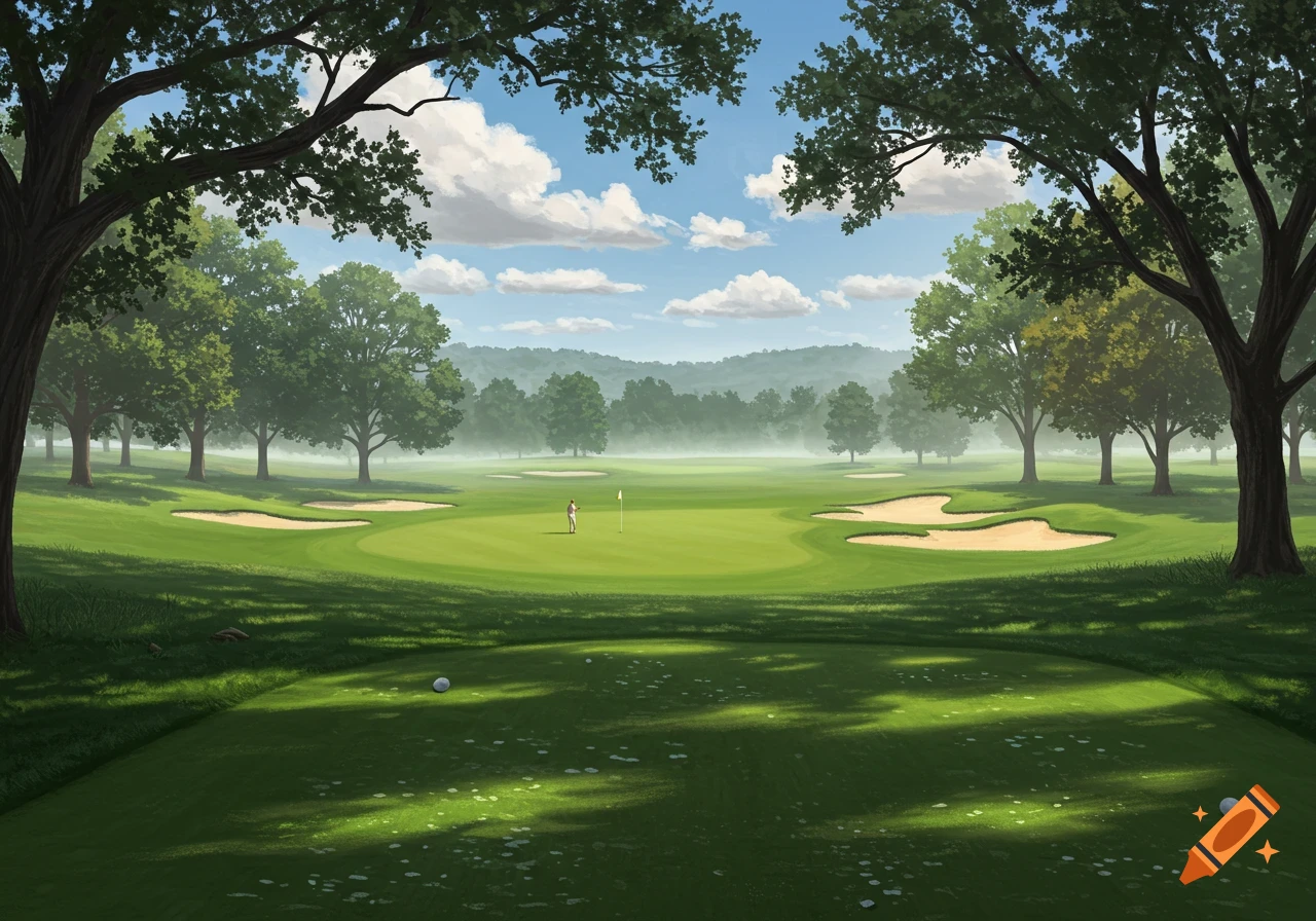 An idyllic golf course with a golfer on the green, surrounded by trees ...