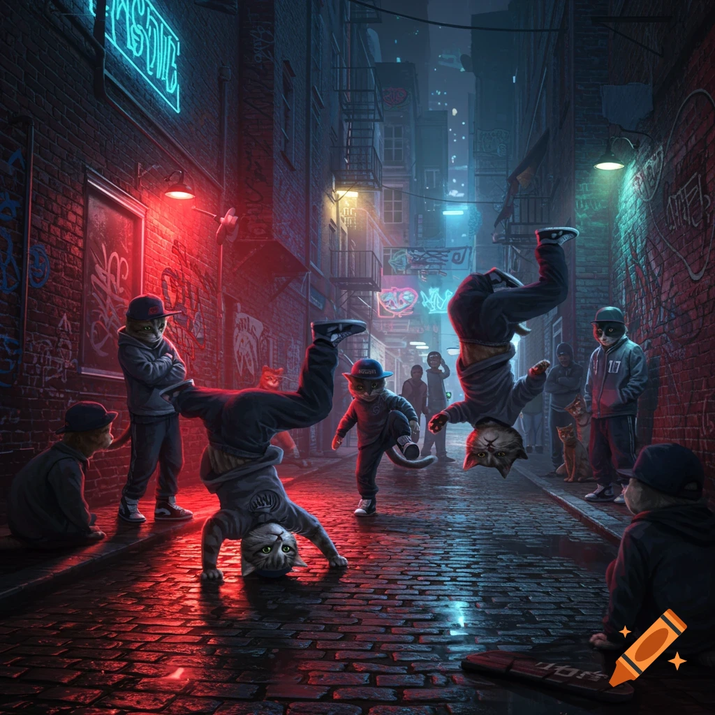 Three boys in a neon-lit, graffiti-covered urban alley at night. One ...