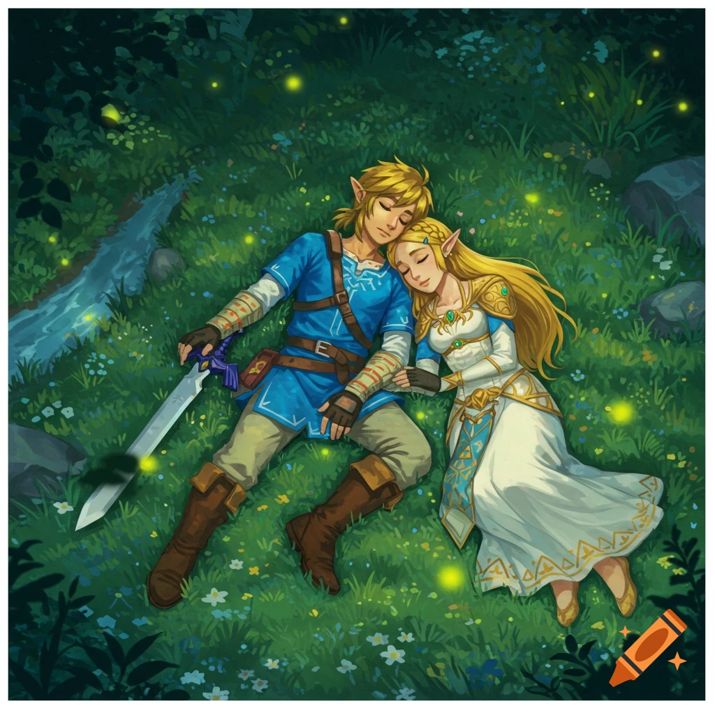 Zelda and Link kissing in a field of fireflies at sunset, in the style ...