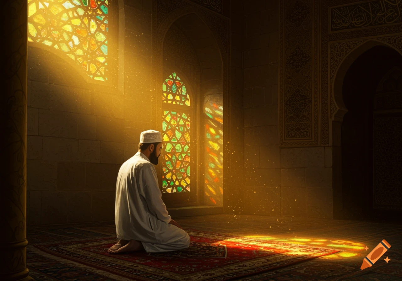 A man kneels in prayer on a patterned rug, with golden light streaming ...