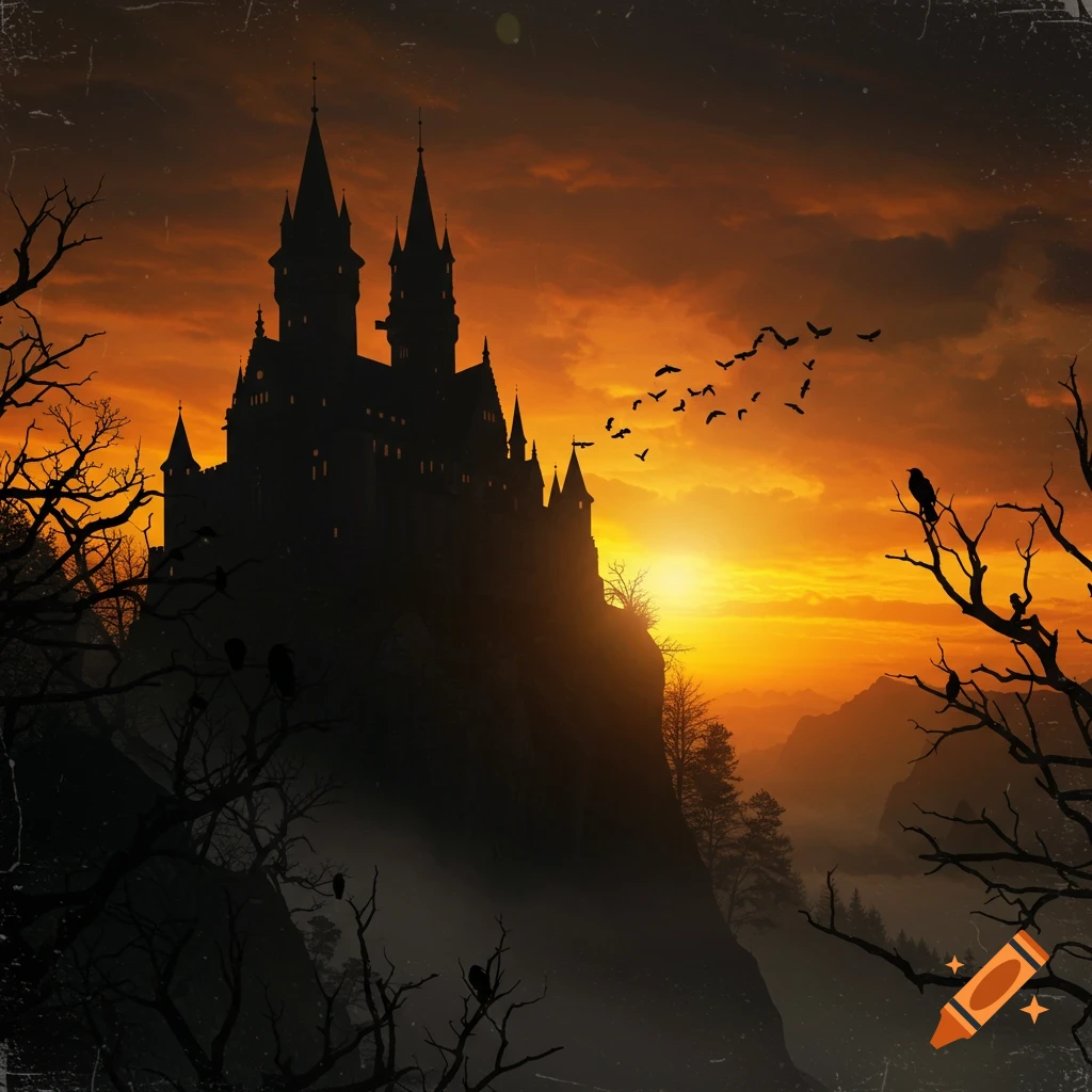 A gothic castle silhouette on a hill against a dramatic orange sunset ...