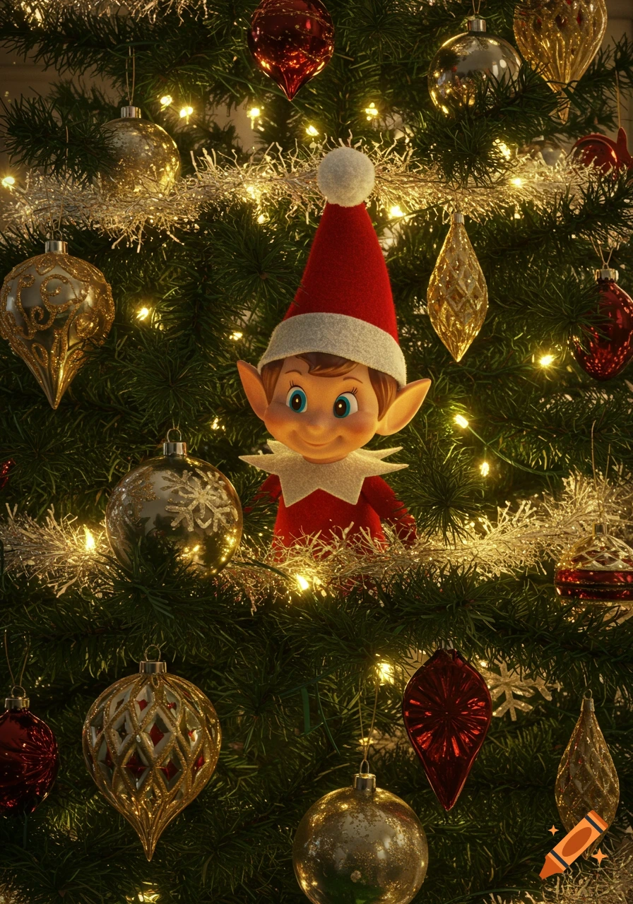 A realistic Elf on the Shelf doll peeking out from behind a richly ...