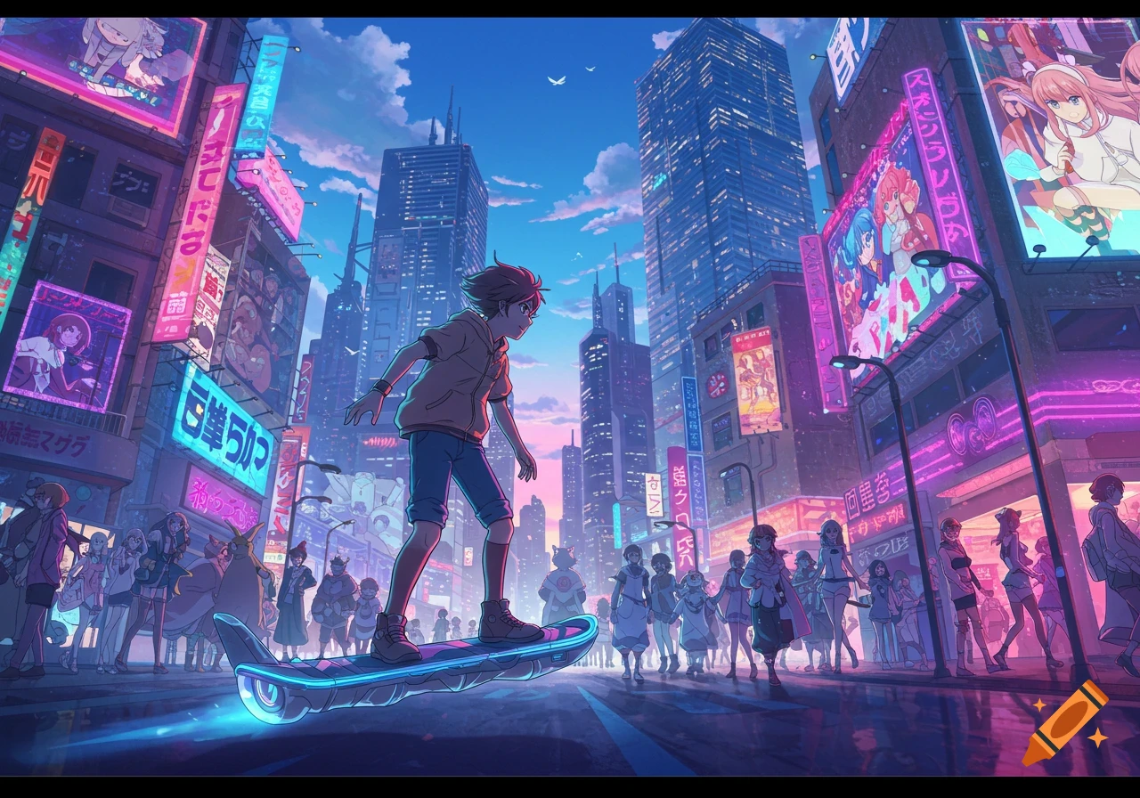 An anime-style young person rides a glowing hoverboard through a ...