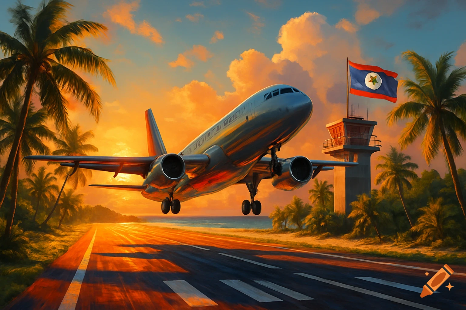 An airplane taking off from a tropical runway at sunset, with palm ...