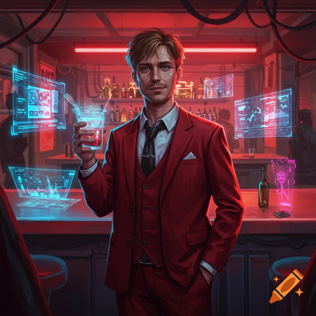 A scruffy man in a red suit holds a glowing drink at a cyberpunk bar ...