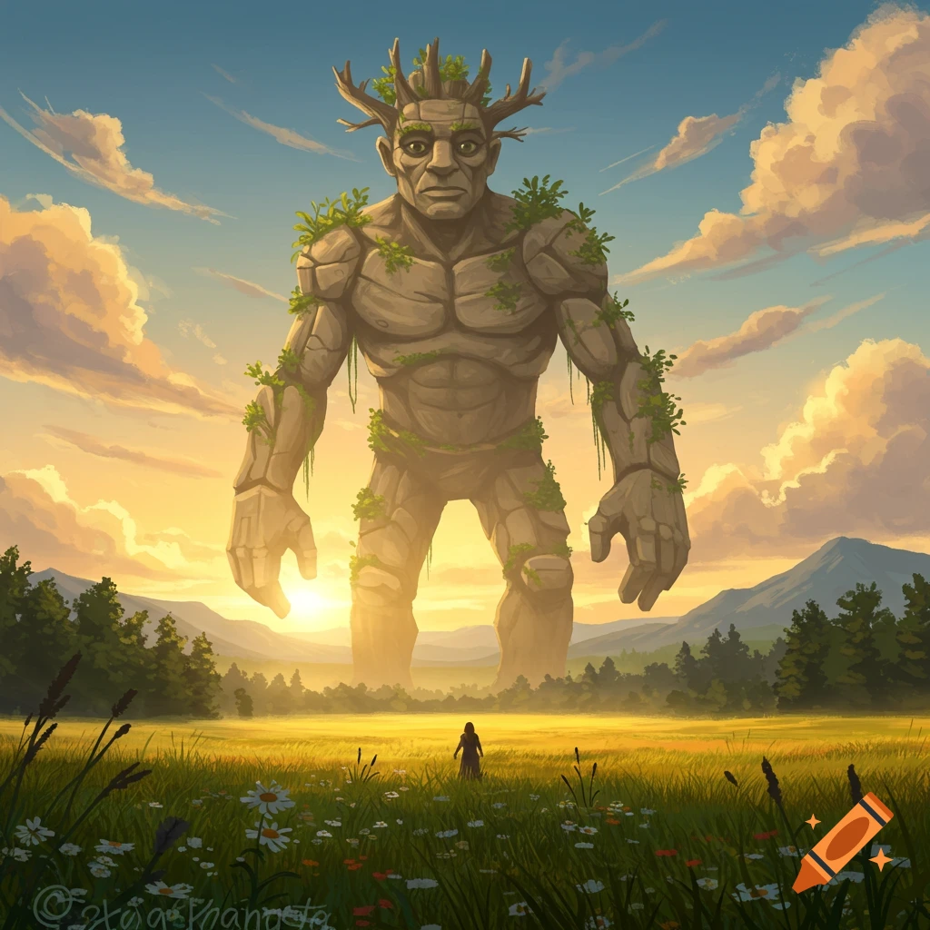 Two figures face a giant wooden golem holding a club in a swampy forest ...