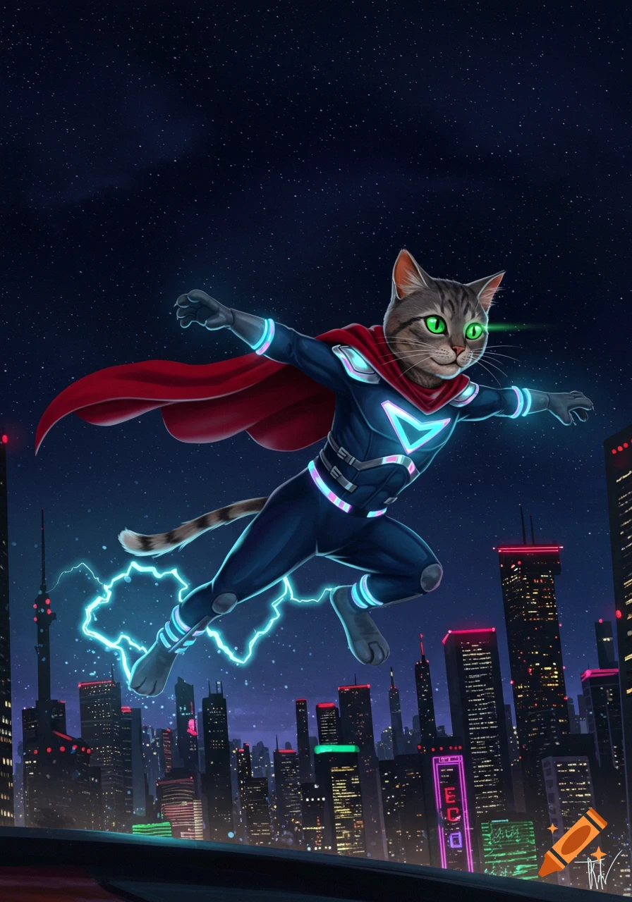 A grey tabby cat superhero with glowing green eyes and a red cape flies ...