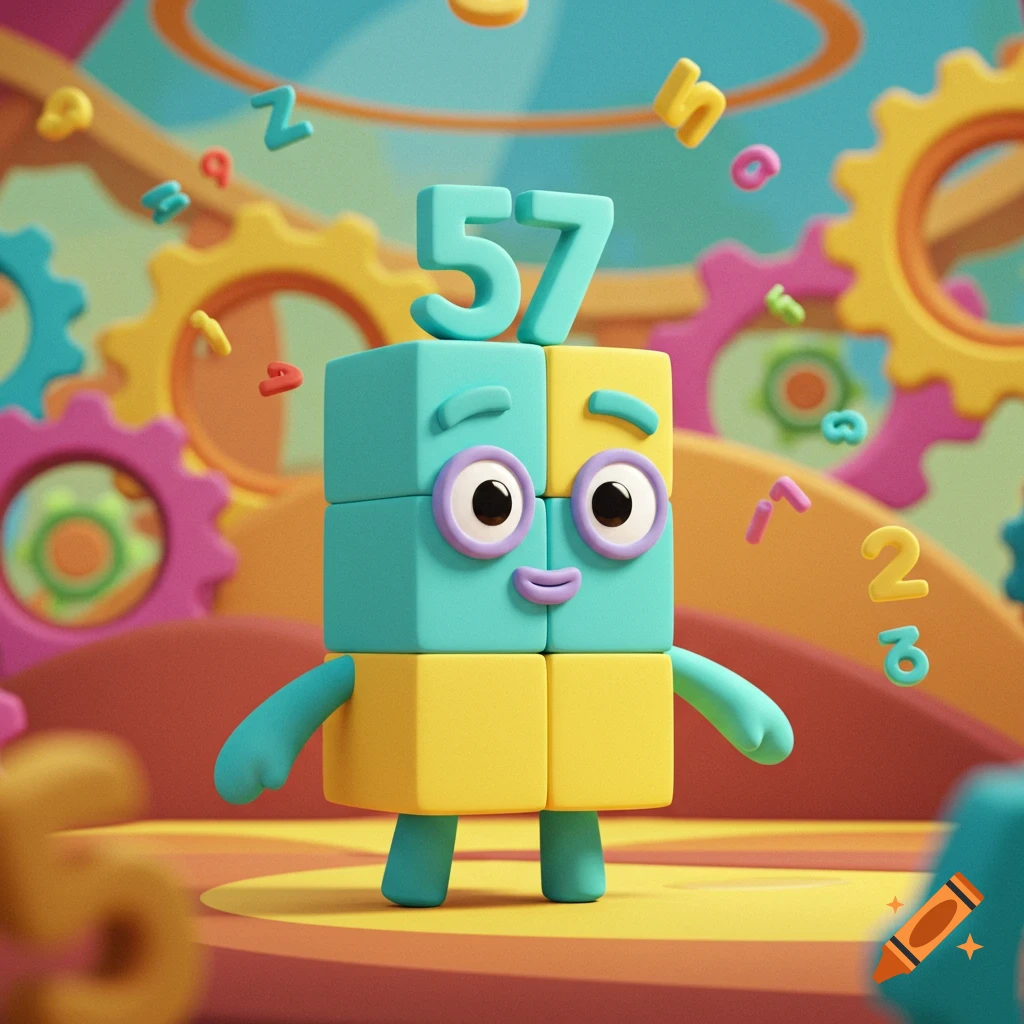 A friendly orange Numberblock 96 character, a pyramid of colored blocks ...