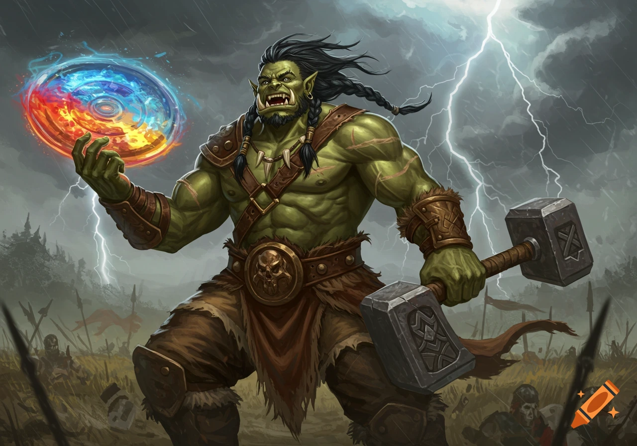 A muscular green-skinned orc barbarian with braided hair stands in a ...