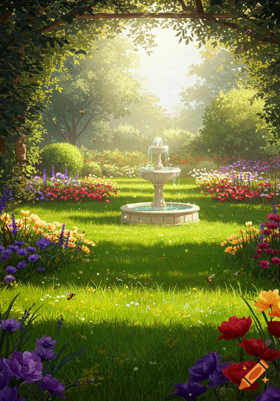 A serene, ethereal garden at sunset with a pond reflecting a pink sky ...