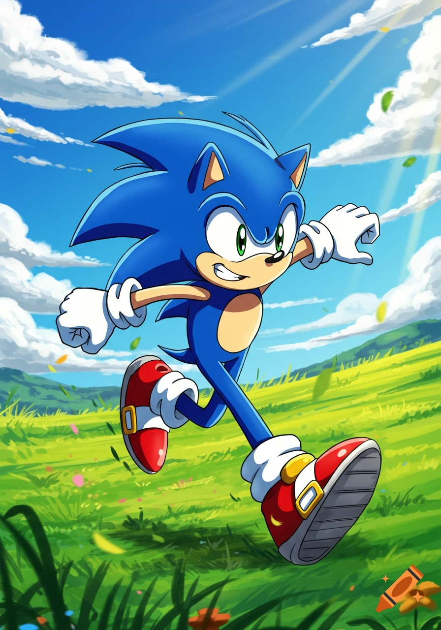 Blue Sonic-like character relaxes barefoot in a grassy field with ...