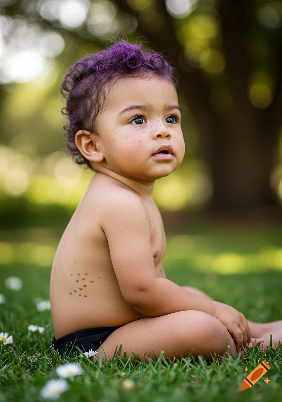 A cute baby with purple curly hair and freckles sitting on grass ...
