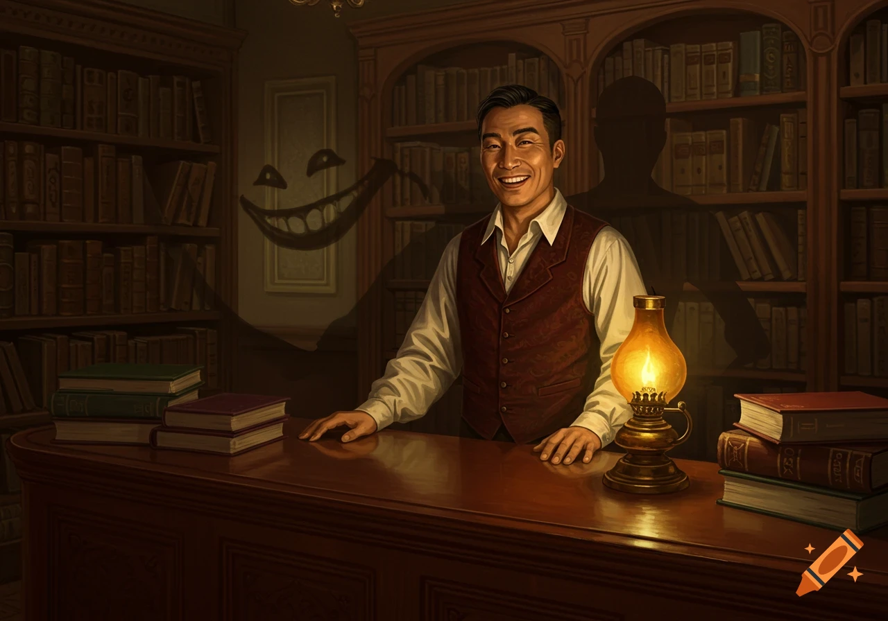 A formally dressed Asian man with a wide grin stands behind a counter ...