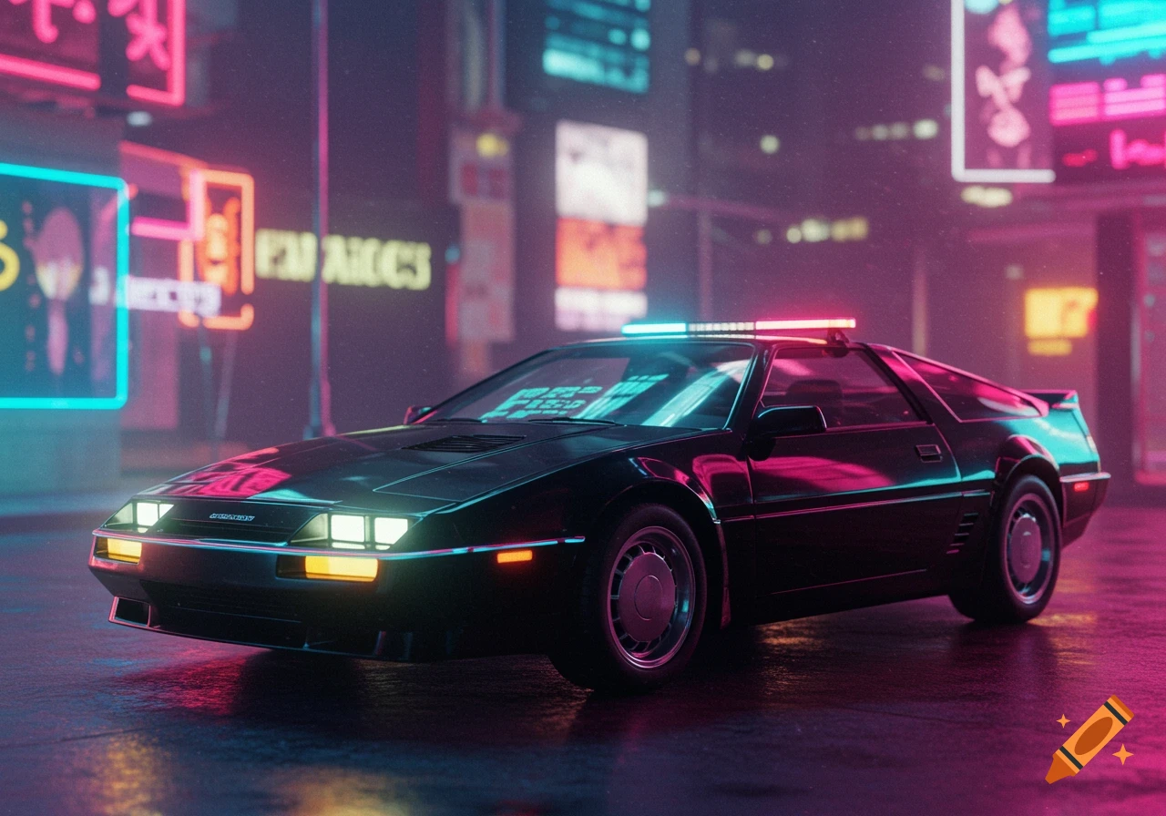 A sleek black 80s-style sports car with a light bar, parked on a wet ...