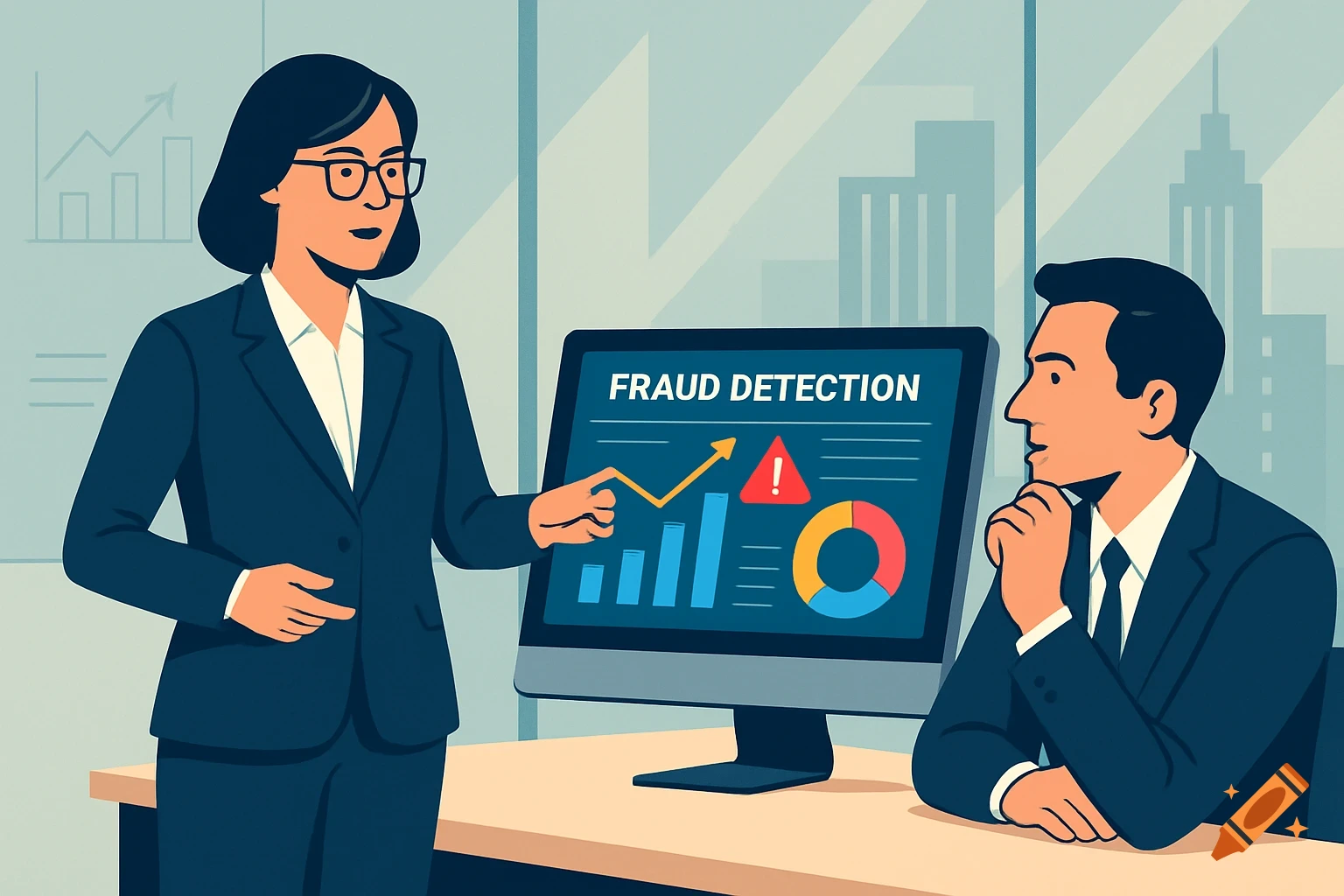 Analyst Showing Fraud Detection Charts to Banker created on Craiyon