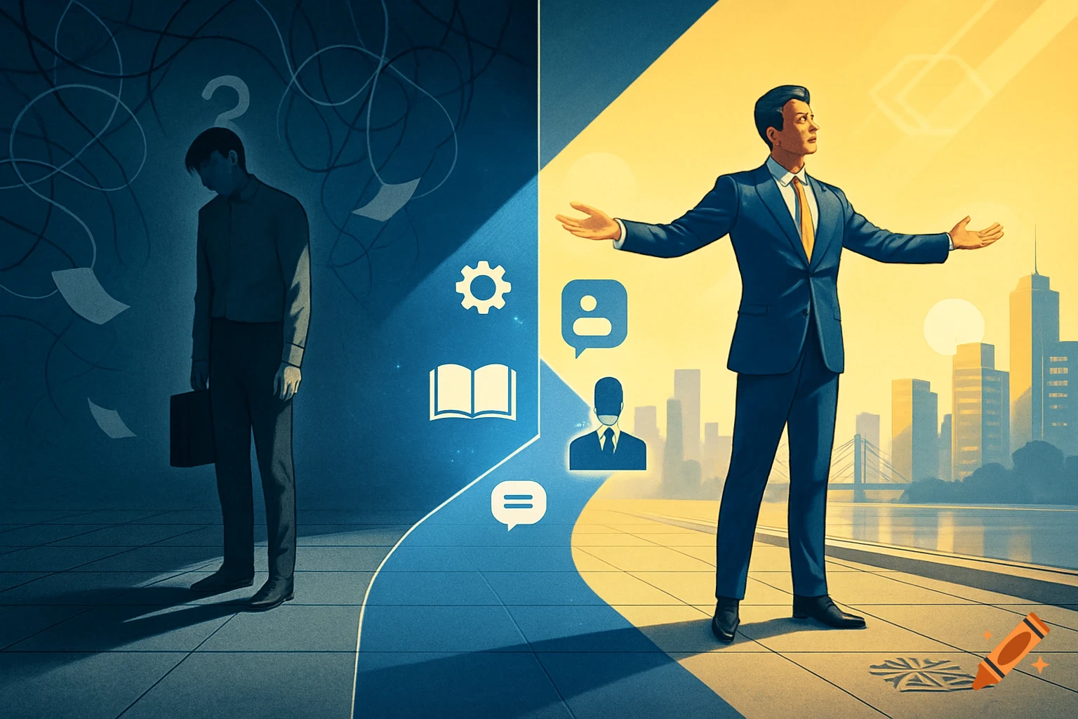 A man in a pinstripe suit talks on an old mobile phone, with a vibrant ...