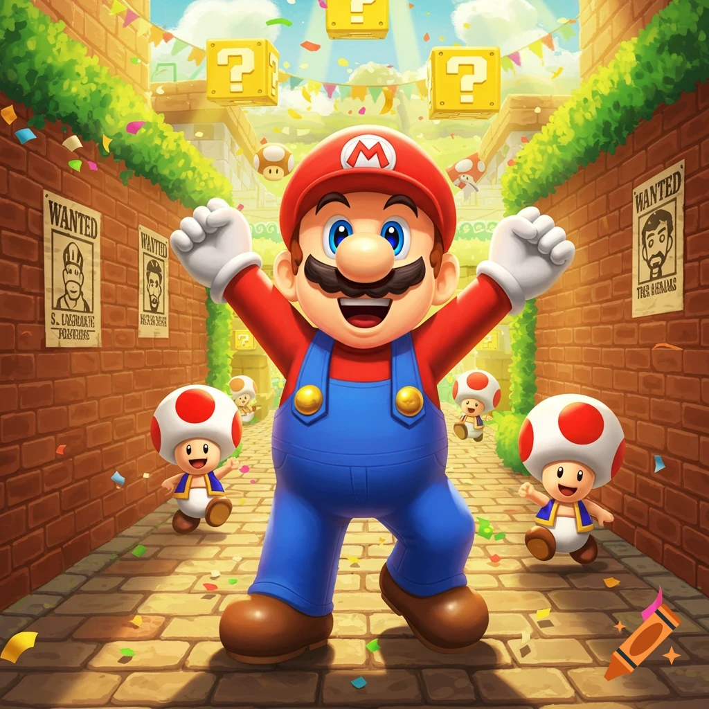 Super Mario, engulfed in fire, runs intensely across a fiery arena ...