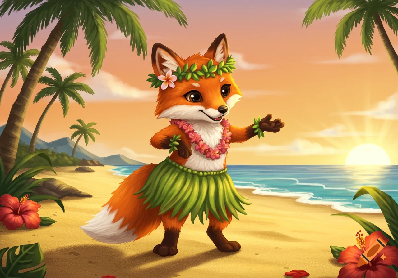 A cute cartoon Menehune in a leaf skirt and flower lei holds a pumpkin ...