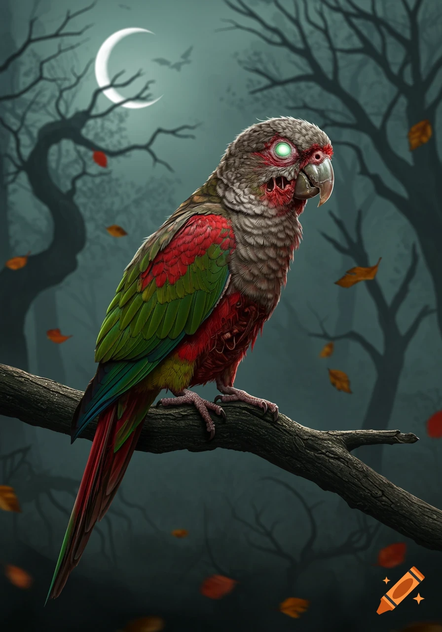 A zombie parrot with exposed flesh and glowing green eyes sits on a ...