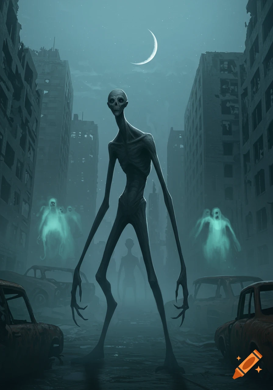 A tall, gaunt, multi-limbed humanoid entity with glowing eyes stands in ...