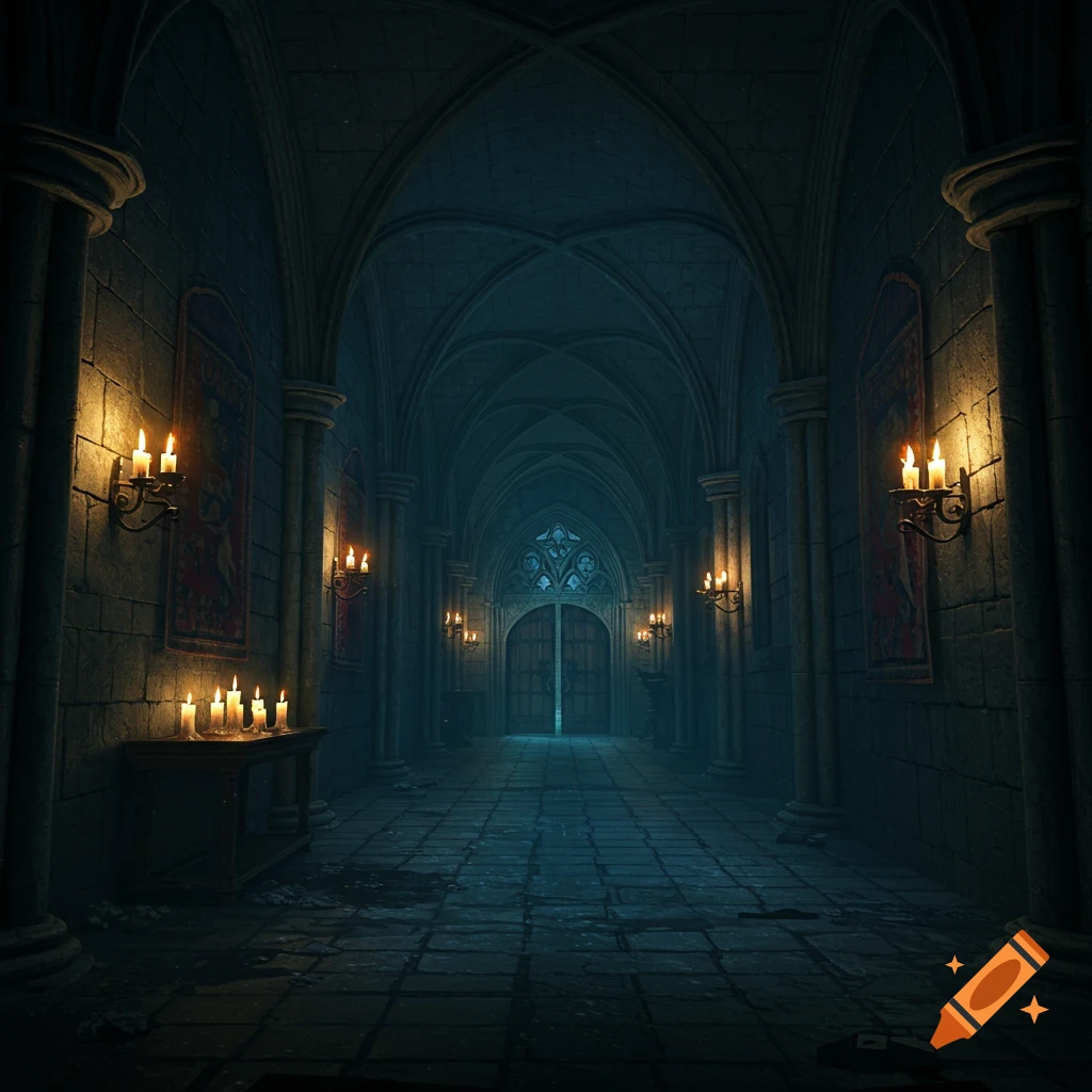 A photorealistic image of a long, dark gothic castle hallway with ...