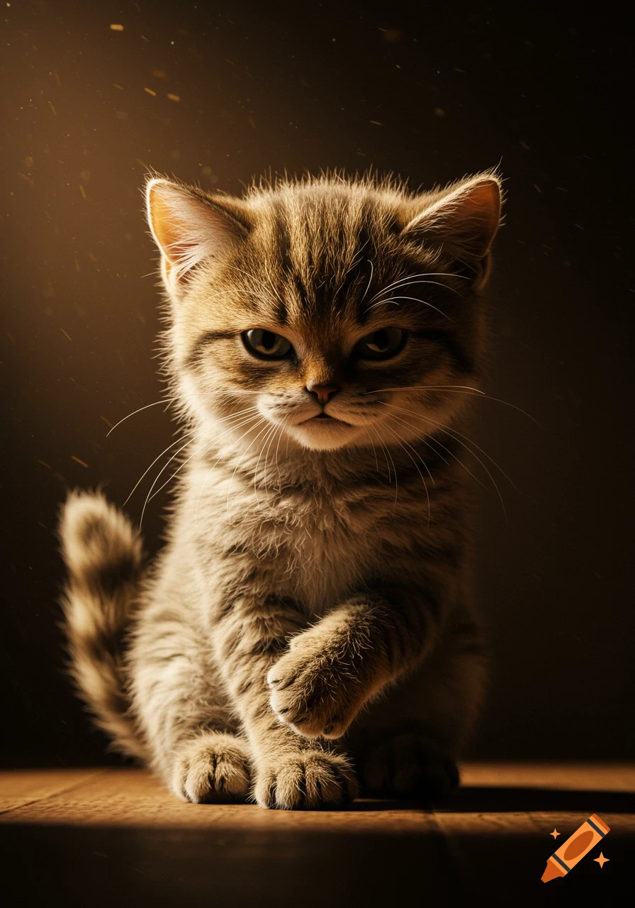 A small, cute kitten with an angry expression sits on a wooden surface ...