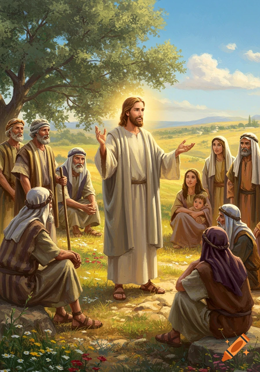 A painting of Jesus, glowing, speaking to a diverse crowd of people in ...