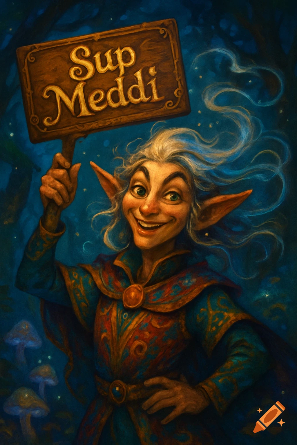 A smiling fantasy character with pointy ears and white hair holds up a ...