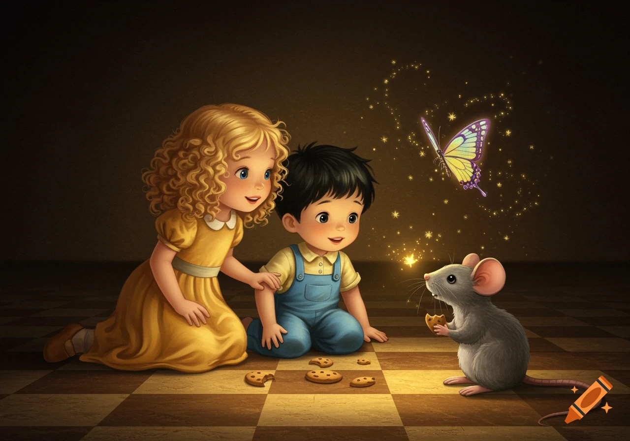 Curly blonde girl and dark-haired boy on a checkered floor, watching a ...