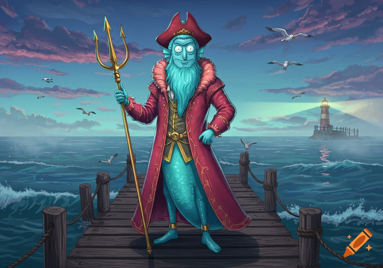 Cartoon Master Roshi stands on a rock pile of skulls in the ocean at ...