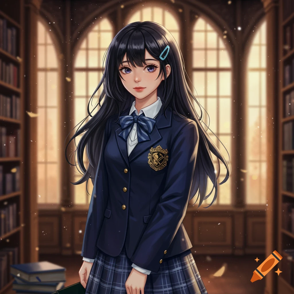 An anime-style girl with white hair and tan skin in dark academia ...