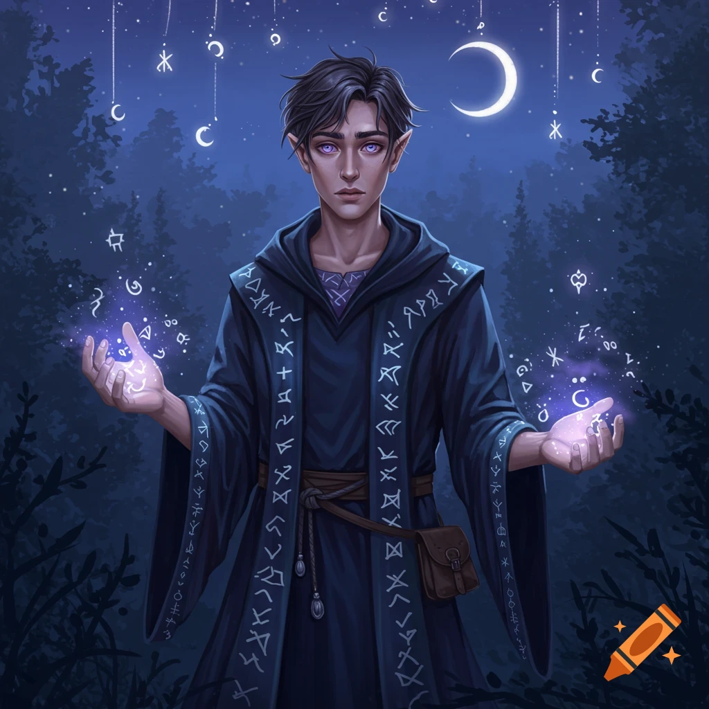 A male elf wizard with purple eyes in a dark blue hooded robe, casting ...