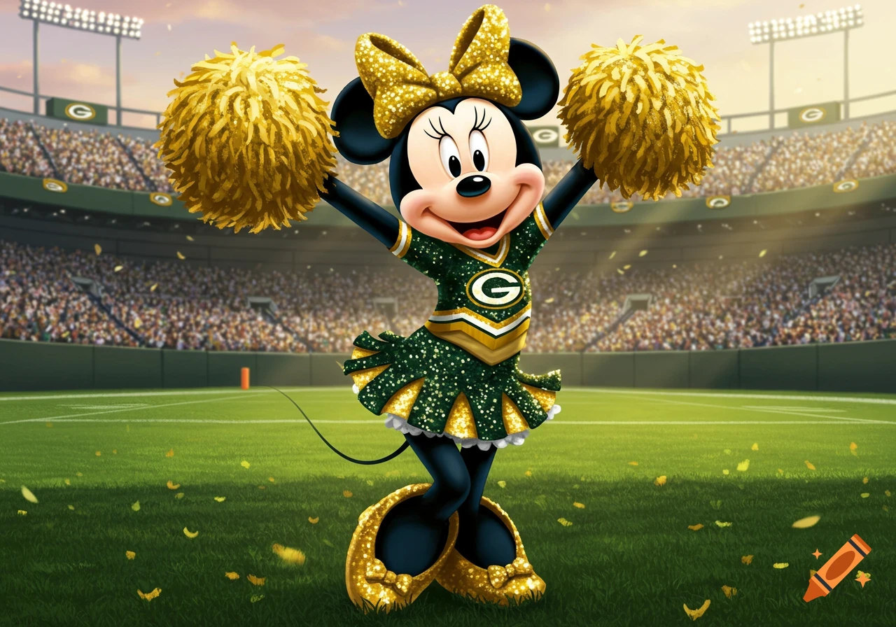 Minnie Mouse, dressed as a cheerleader in a green and gold Green Bay ...