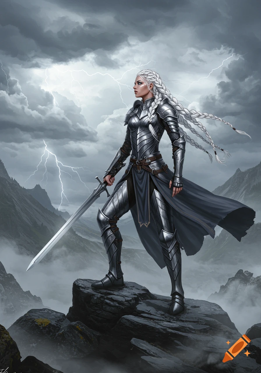 A female warrior with long white braided hair in silver armor stands on ...