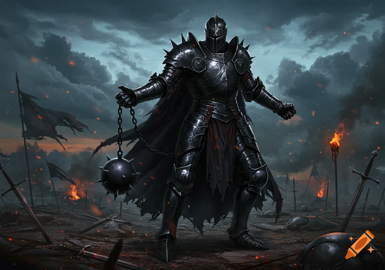 Two medieval knights in detailed armor fighting in a gothic cathedral ...