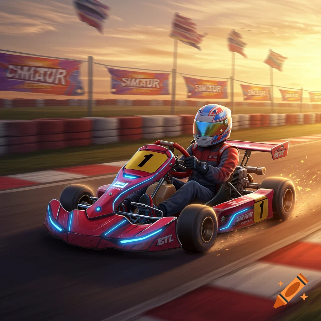 A person in a helmet drives a red and blue go-kart with the number 1 on ...