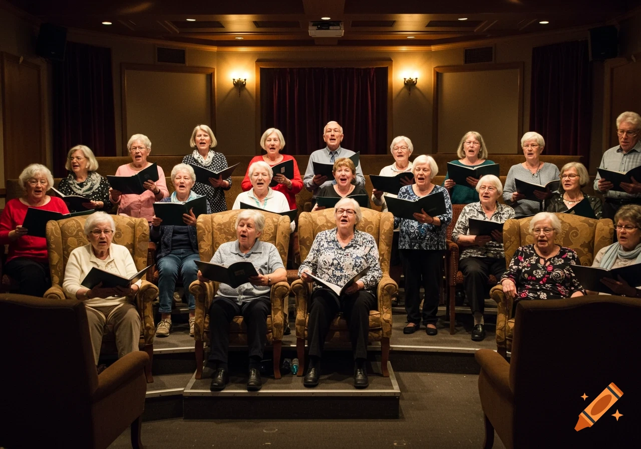 A group of senior citizens, male and female, sing enthusiastically ...
