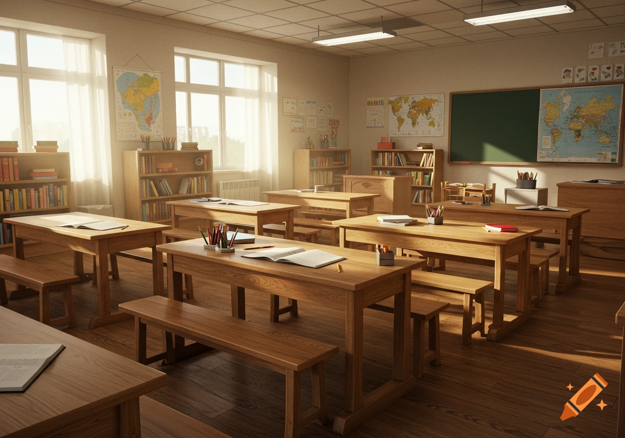 An empty, sunlit classroom with rows of wooden desks and benches ...