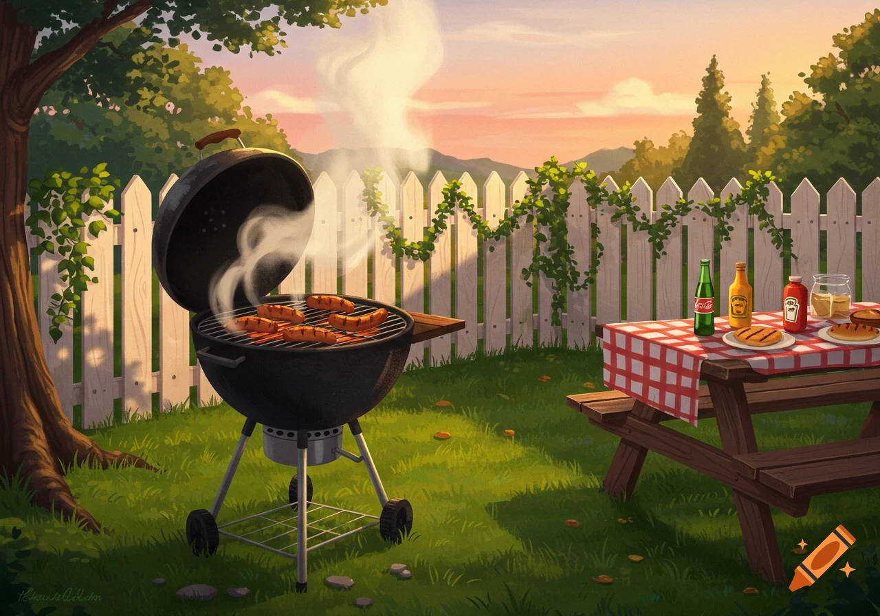 An illustrated man grins while grilling meat and vegetables at a ...