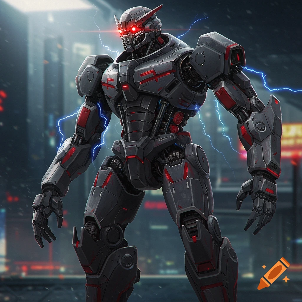 A detailed, dark grey robot with glowing red eyes and red accents ...