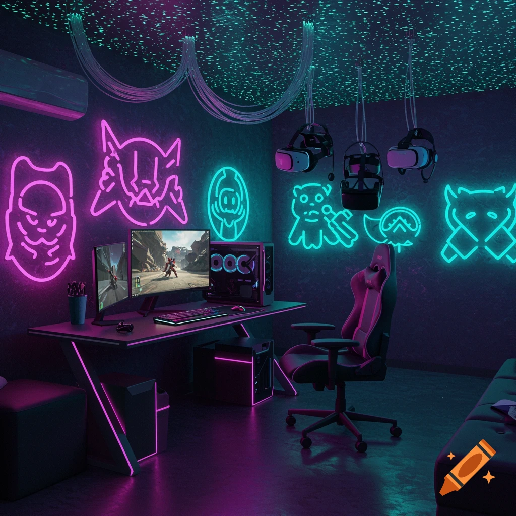 A vibrant purple-lit gaming room with dual monitors, a gaming chair ...