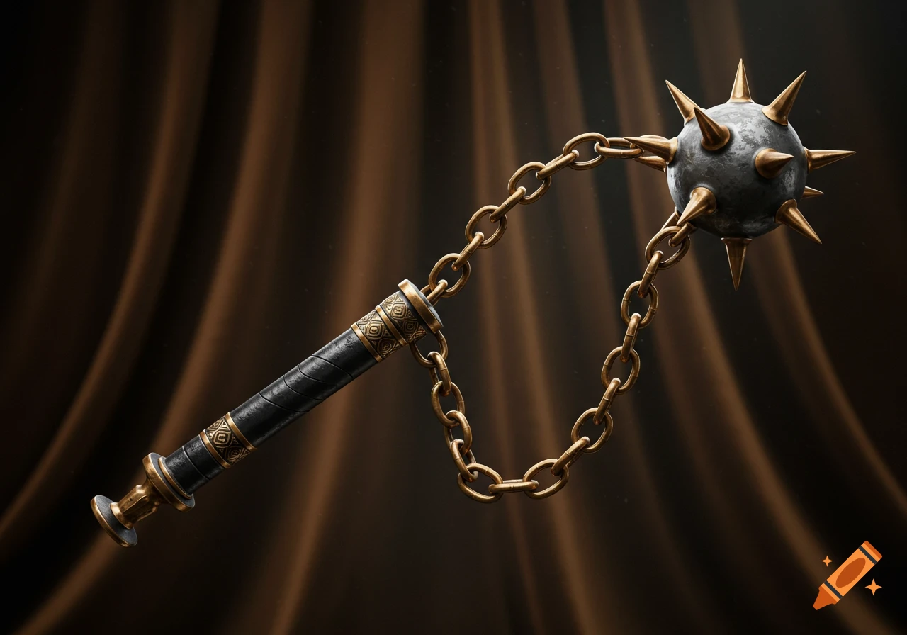 A hand grips a heavy, spiked flail wreathed in bright orange flames ...