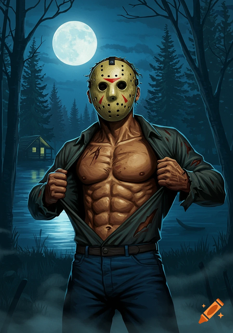 Illustrated image of Jason Voorhees holding a bloody machete, standing ...